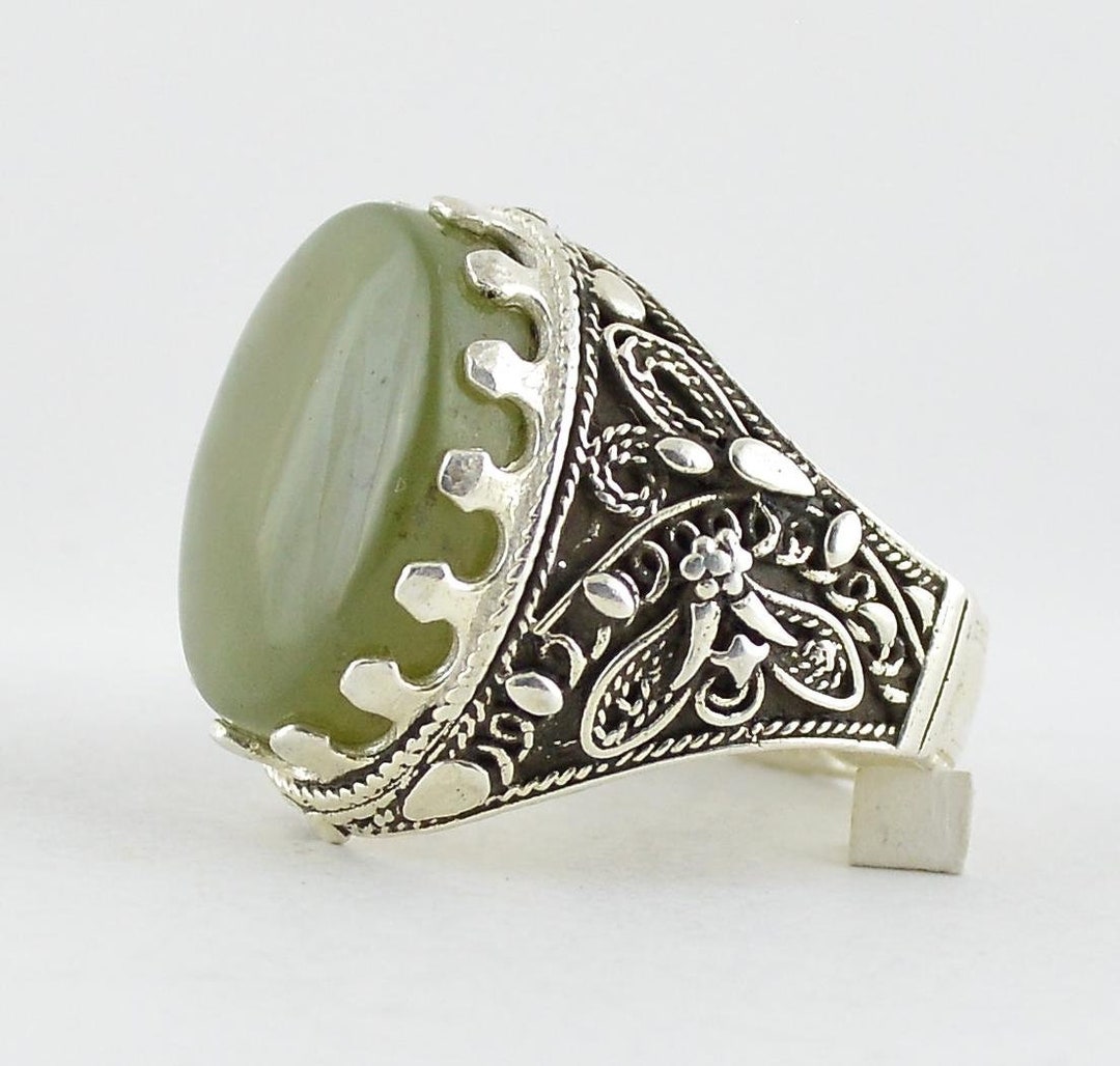 Yemeni Jade Aqeeq Ring, Yamani Handcrafted Charm Sterling Silver Ring ...