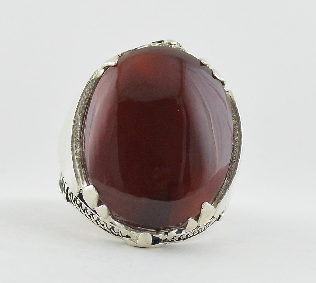 Yemeni Dark Red Aqeeq, Yemen Handmade Charm Heavy Silver Ring for Men ...