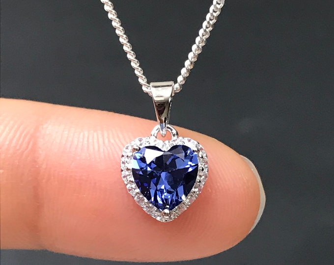 Tanzanite Heart Necklace, Sterling Silver Dainty Necklace, Tanzanite CZ ...