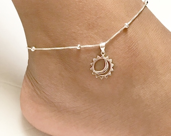 Moon and Sun Anklet Sterling Silver Beaded Ankle Bracelet | Etsy