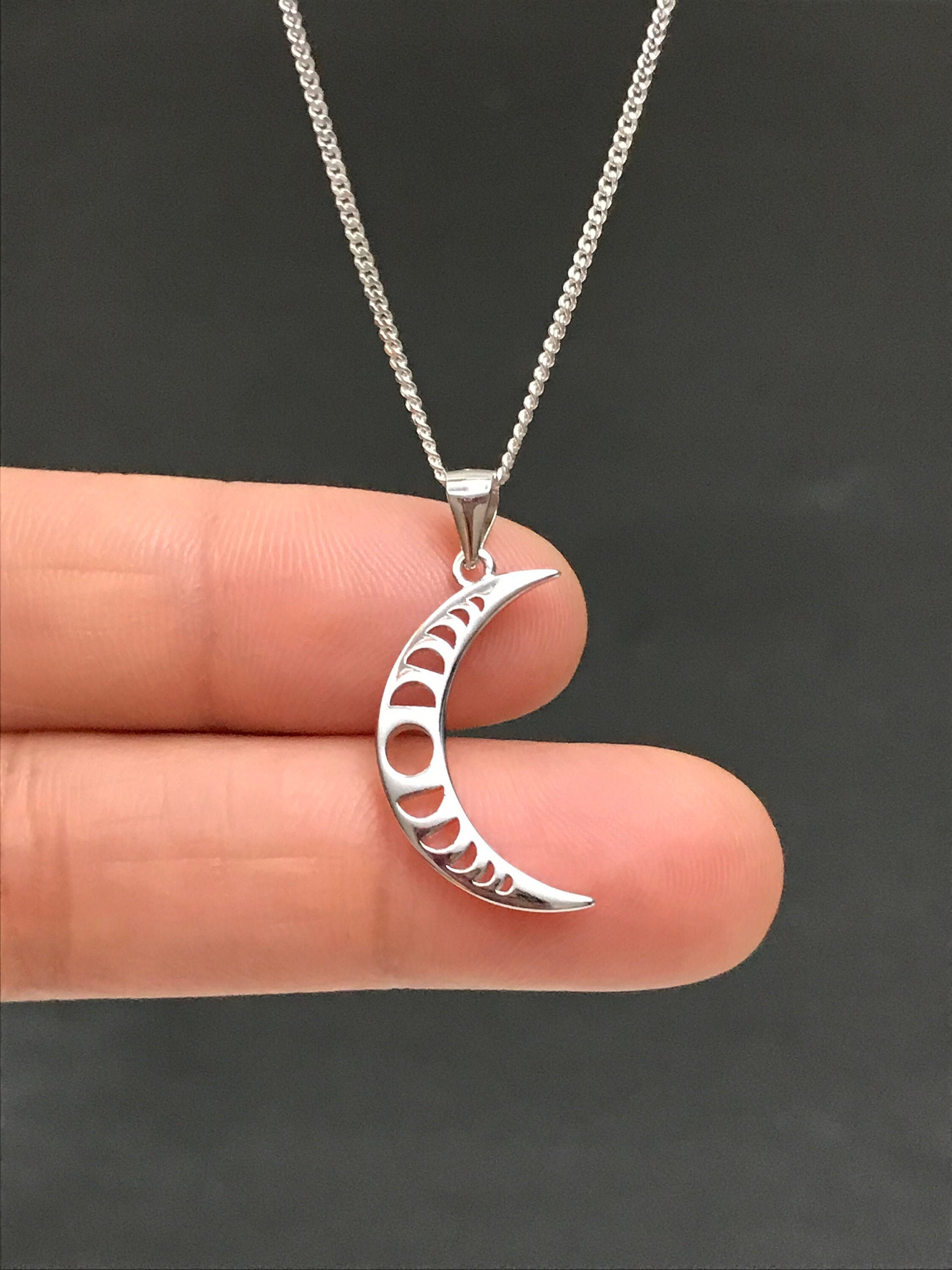 Sterling Silver Moon Phase Necklace, Celestial Crescent Moon Pendant - Etsy