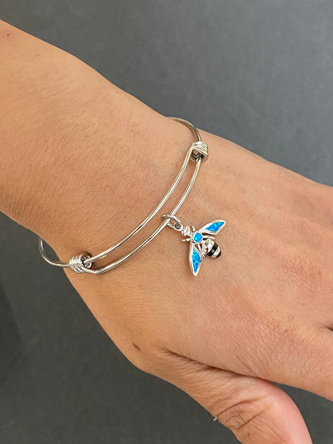 Sterling Silver Bumble Bee Bangle, Blue Opal Honeybee Charm - Etsy