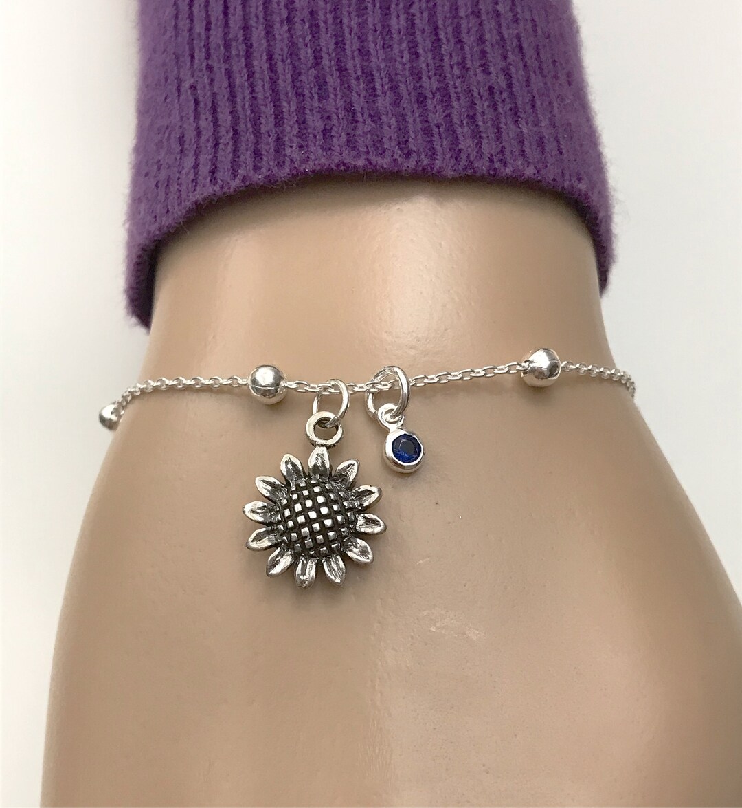 Sunflower Bracelet, Sterling Silver Beaded Bracelet, Dainty Flower ...