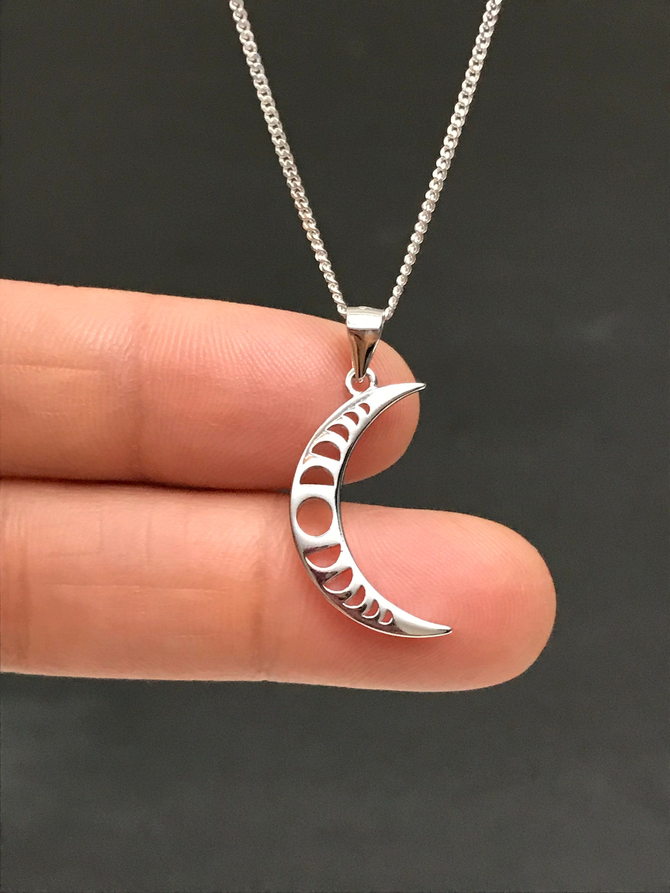 Sterling Silver Moon Phase Necklace, Celestial Crescent Moon Pendant - Etsy