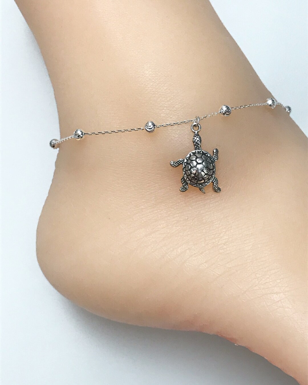 Turtle Anklet, Sterling Silver Beaded Ankle Bracelet, Sea Turtle Charm ...