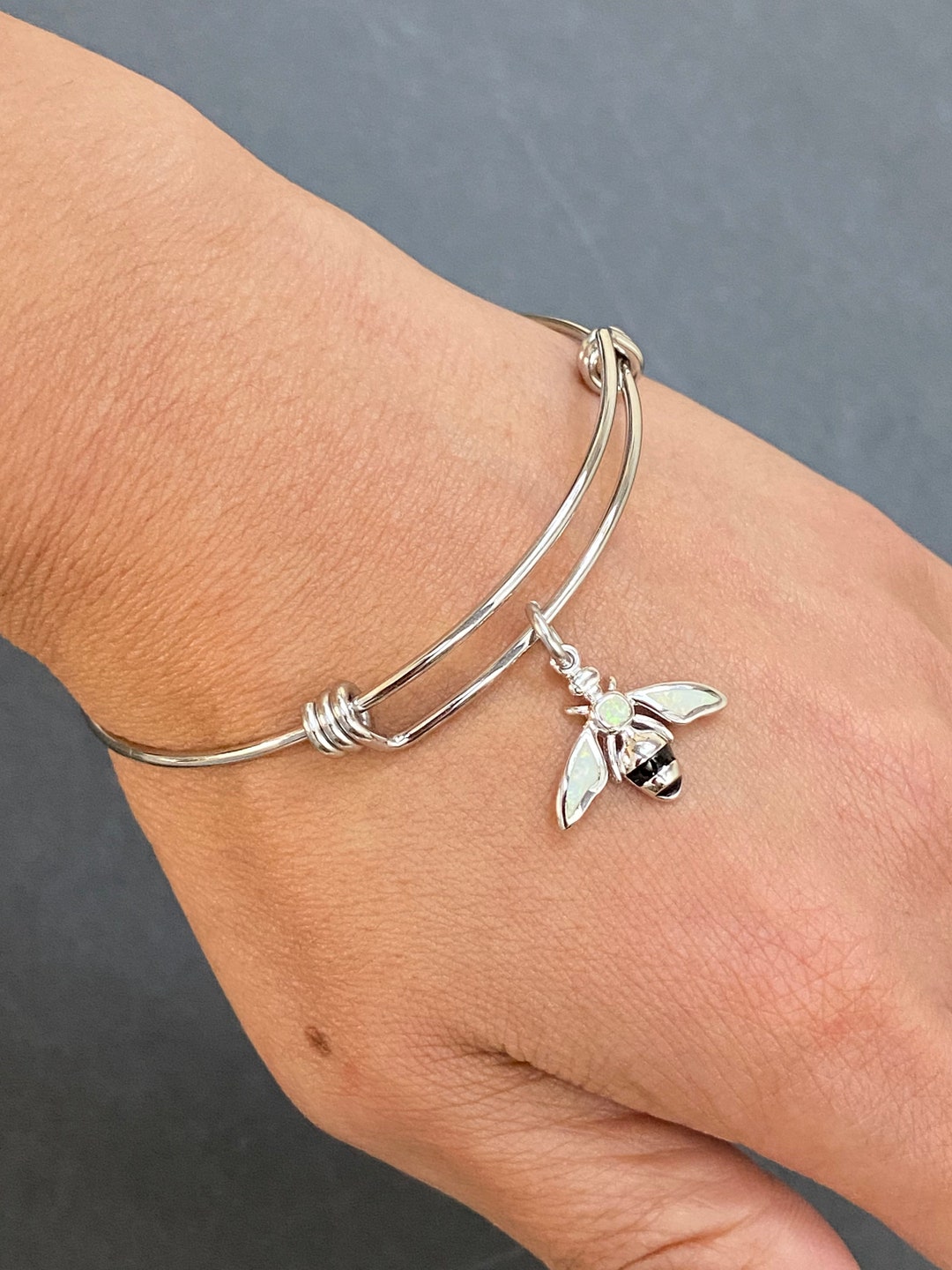 Sterling Silver Bumble Bee Bangle, White Opal Honeybee Charm - Etsy