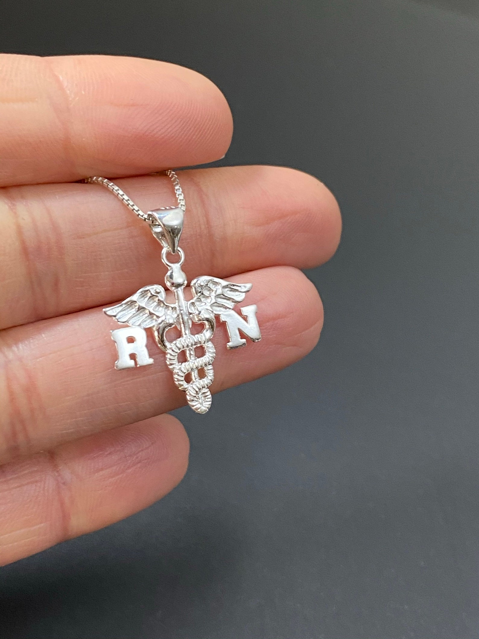 Nurse Caduceus Charm Necklace Sterling Silver RN Charm | Etsy