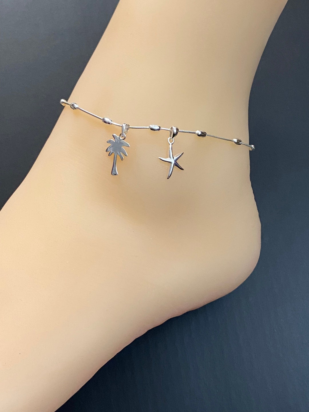 Palm Tree Anklet Sterling Silver Starfish Ankle Bracelet Tropical Beaded Charm Bracelet Etsy