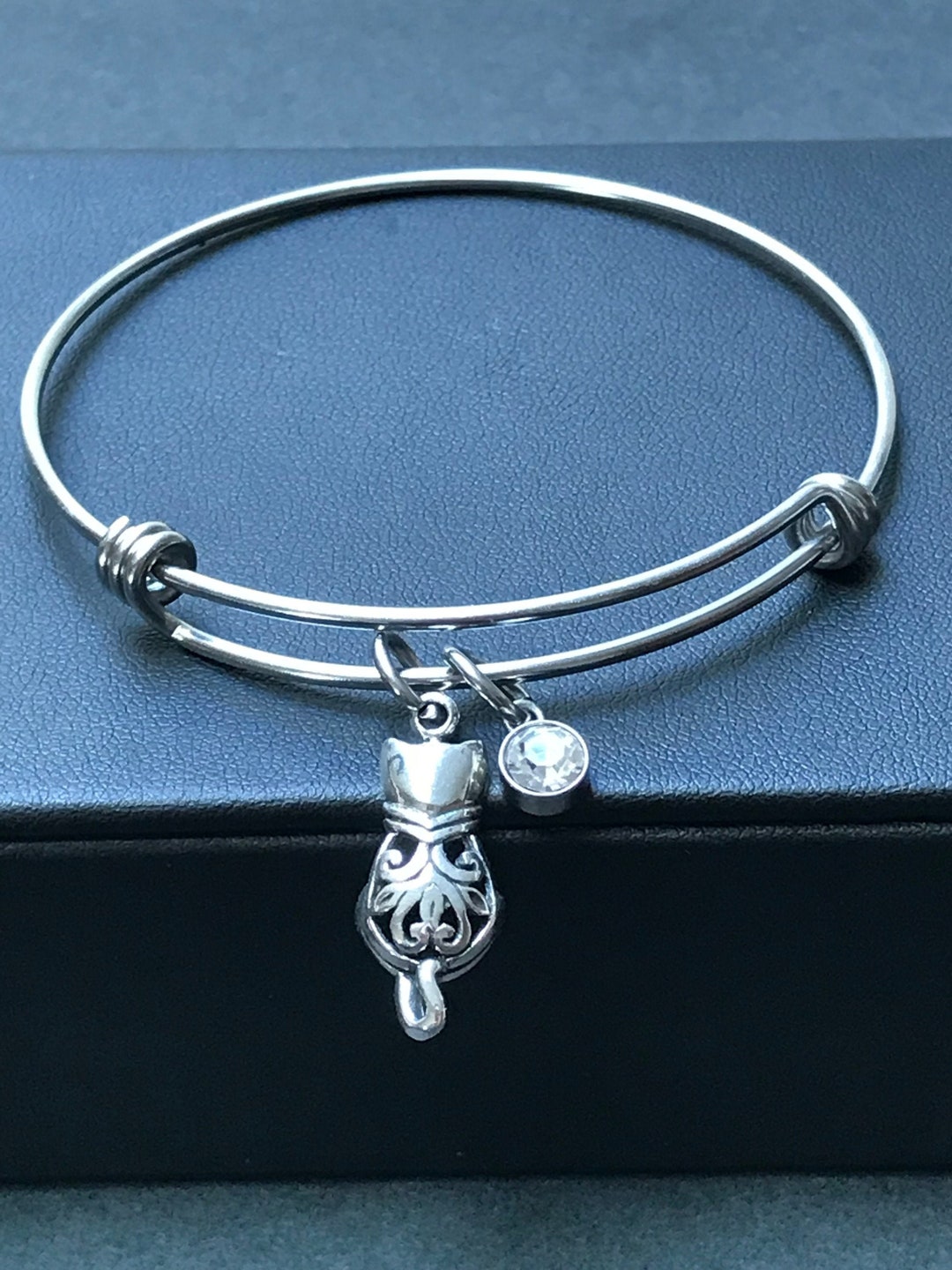 Sterling Silver Filigree Cat Bracelet, Birthstone Bangle - Etsy
