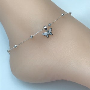 Butterfly Anklet, Sterling Silver Beaded Ankle Bracelet, Dainty White ...