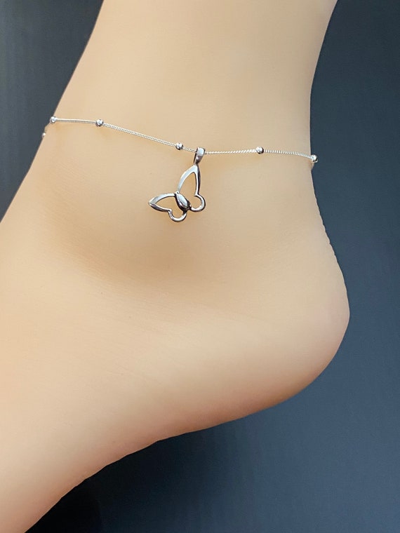 Butterfly Anklet Sterling Silver Beaded Ankle Bracelet Dainty Butterfly Charm Anklet Gift for Her Etsy