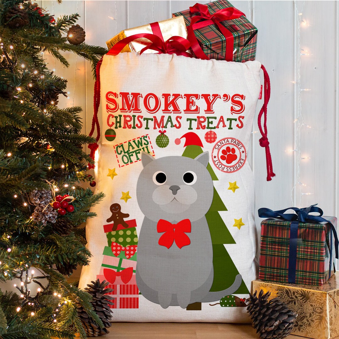 Personalised Grey Cat Christmas Sack Kitten Stocking Santa Treat Pet ...