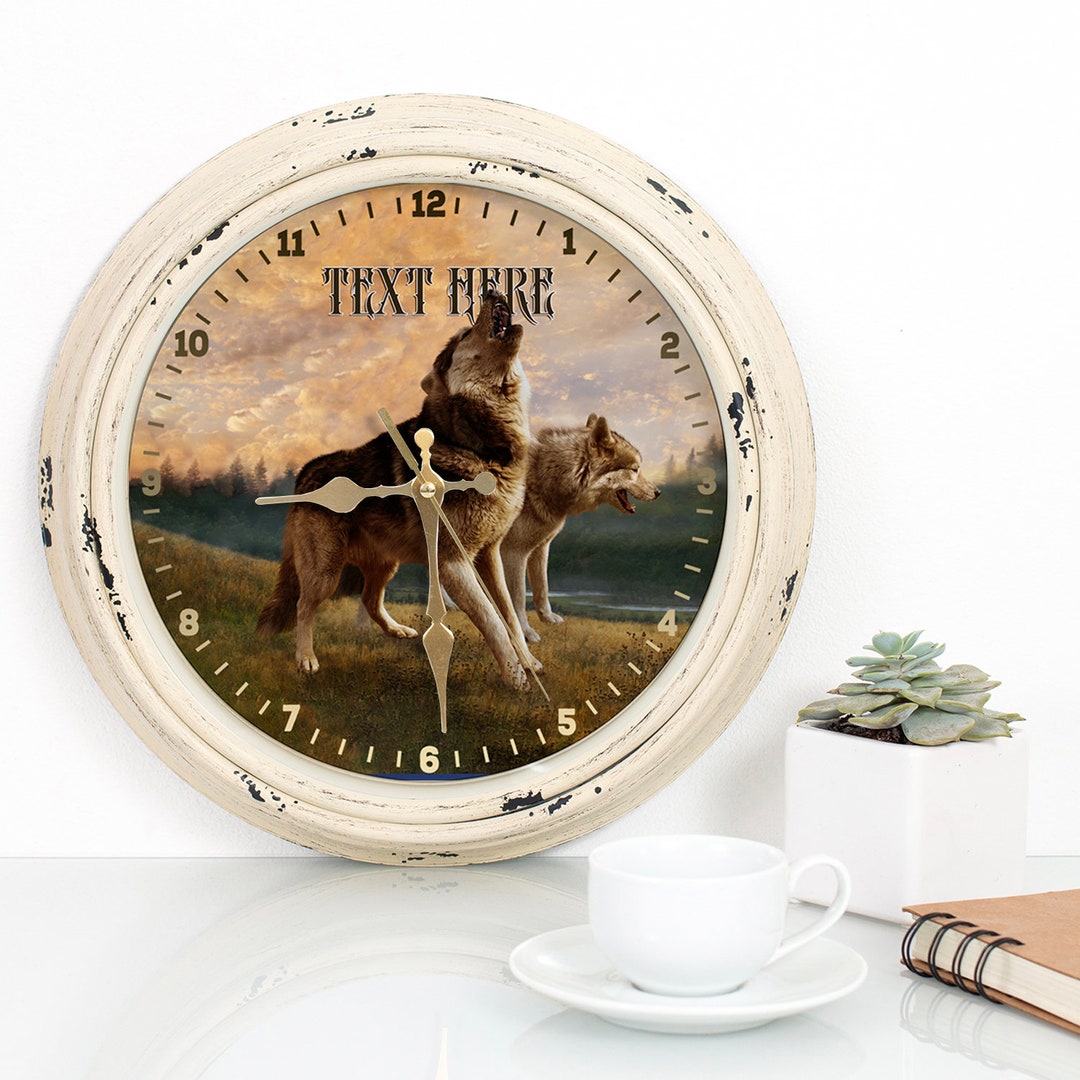 Personalised Wolf Clock Round Hanging Glass Wall Man Cave Clock Mens ...