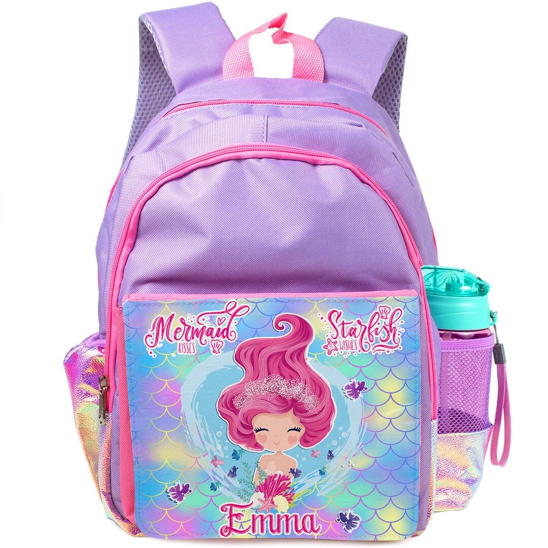 Personalised Girls Mermaid School Bag Cute Purple Mermaids Backpack ...