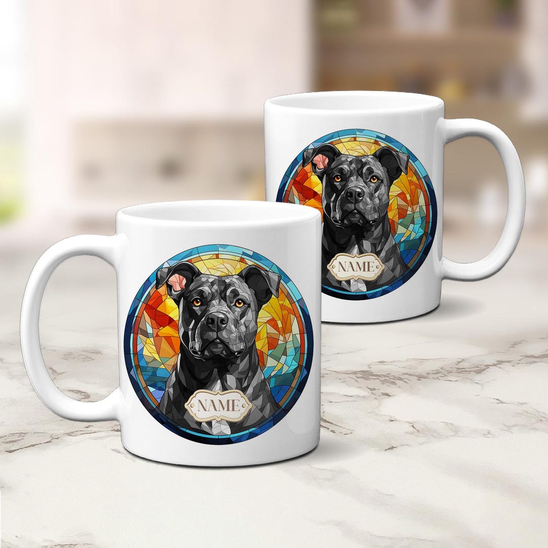 Personalised Black Staffy Mug Dog Custom Cup Pet Puppy Portrait Tea ...