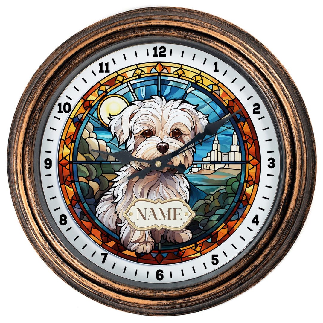 Personalised Maltese Dog Clock Kitchen Round Hanging Glass Wall Custom ...