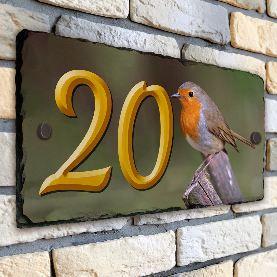 Robin House Number Slate Name Gate Sign Plaque Door Personalised Plate ...