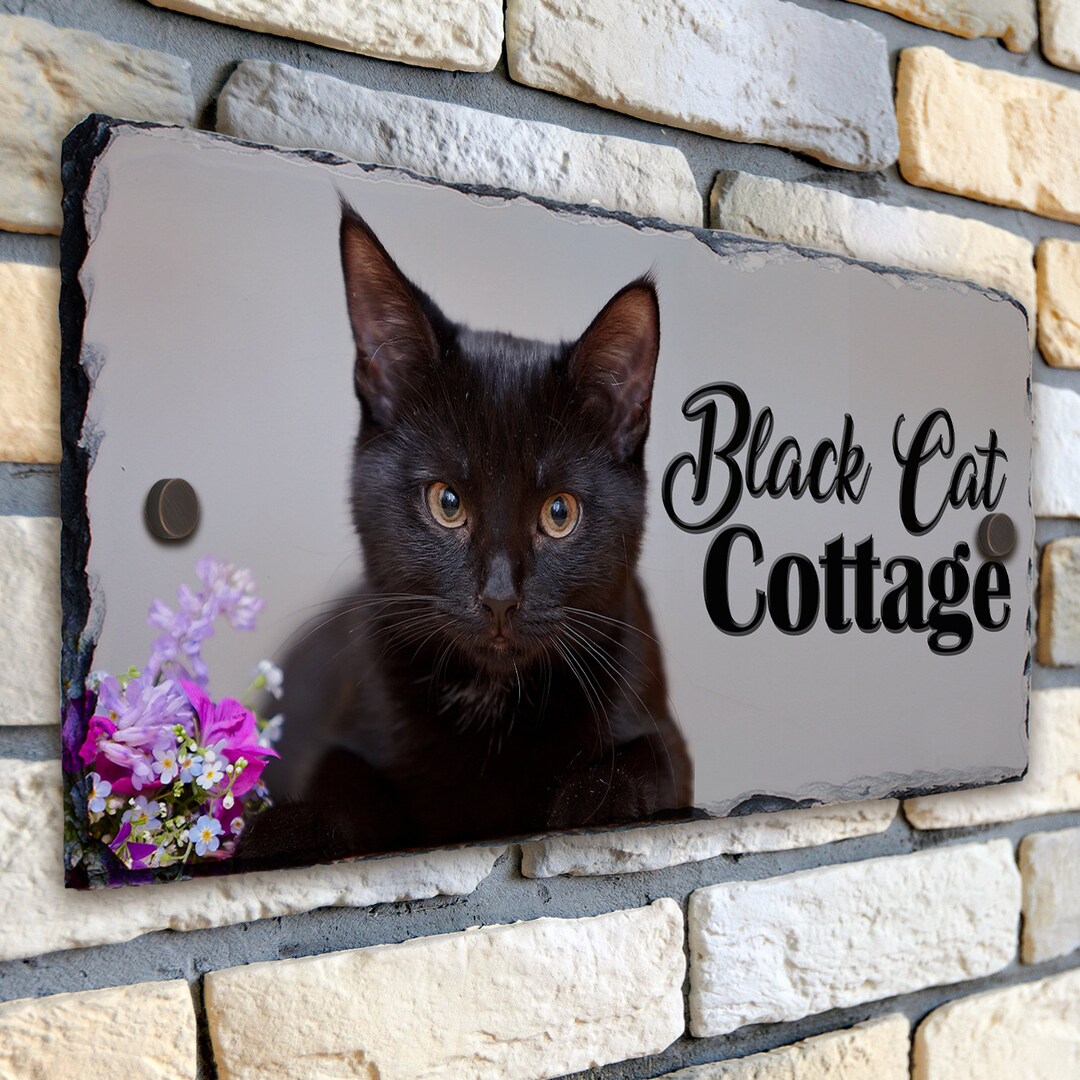 Black Cat House Number Slate Name Gate Sign Plaque Door Personalised ...
