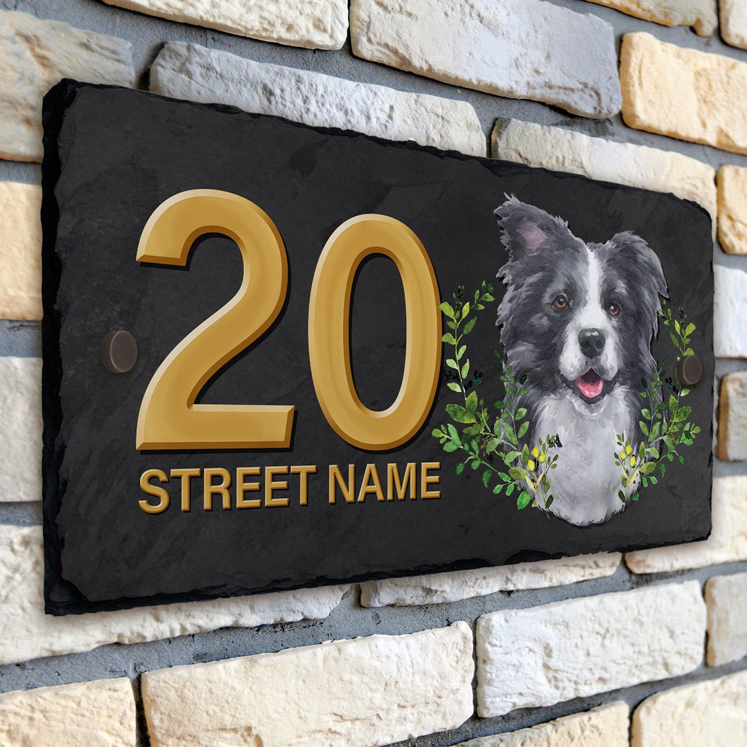 Border Collie House Number Slate Name Custom Dog Gate Sign Door Plaque ...