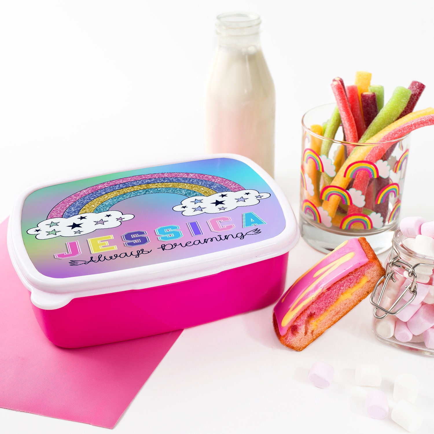 Personalised Girls GLITTER RAINBOW Lunch box School CUTE Snack | Etsy