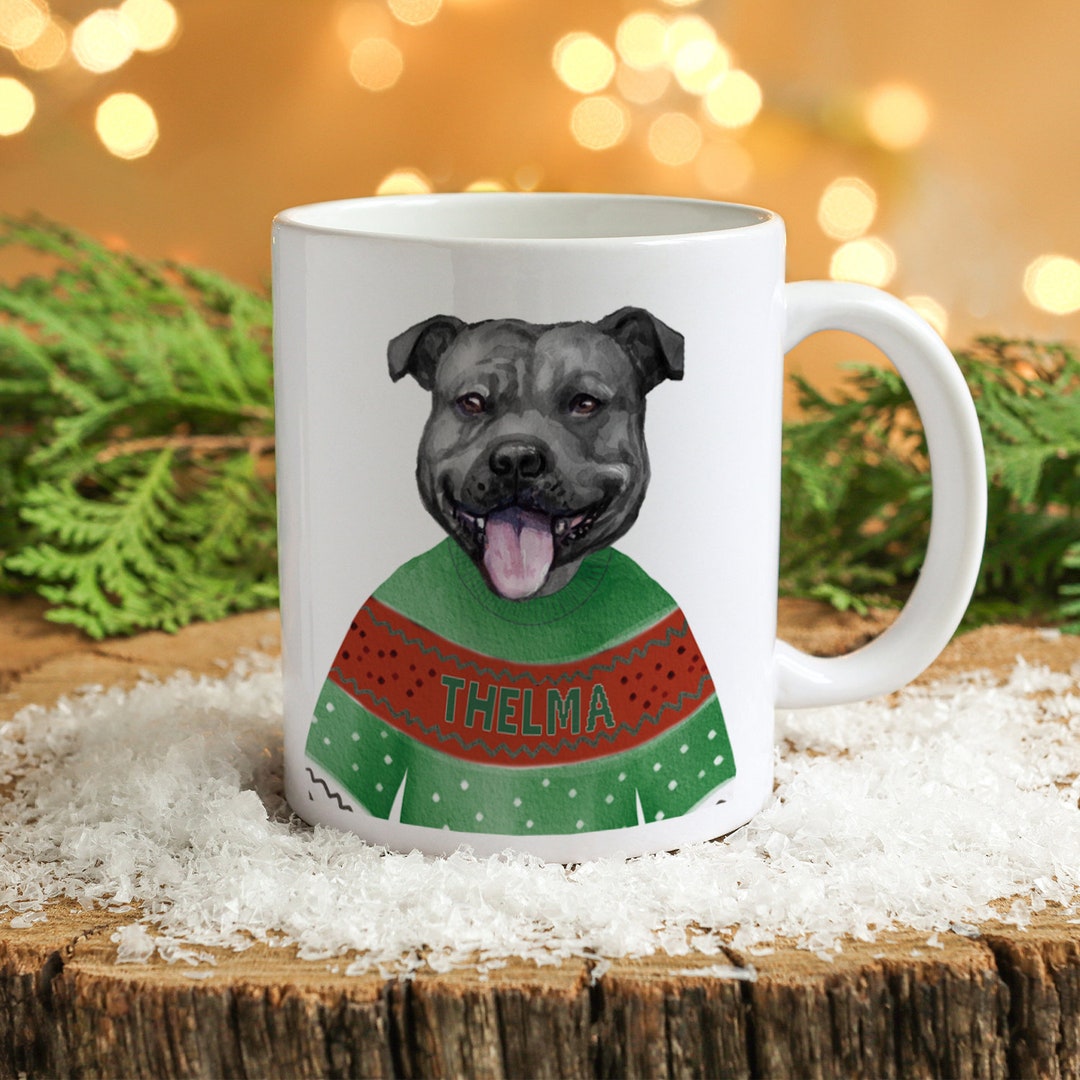 Personalised Black Staffy Mug Christmas Dog Jumper Xmas Cup Festive Pet ...