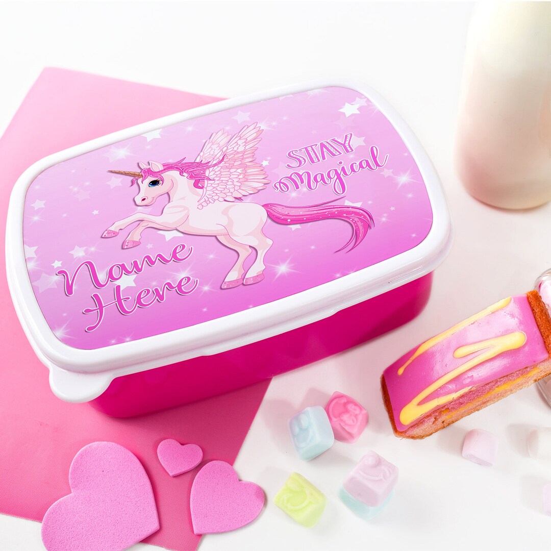 Personalised Girls UNICORN Lunch Box School Snack Sandwich Pink ...