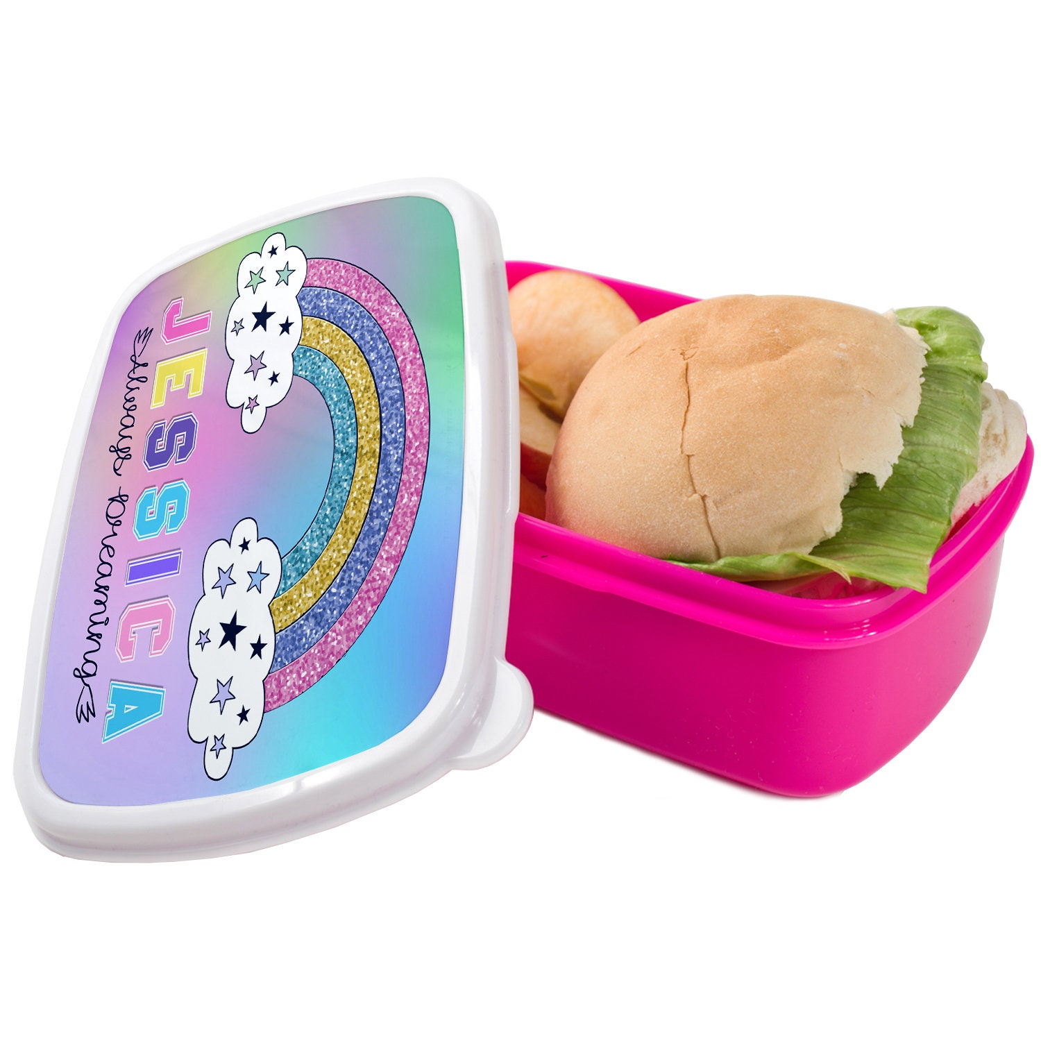 Personalised Girls GLITTER RAINBOW Lunch box School CUTE Snack | Etsy
