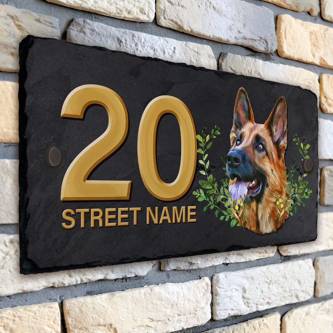 German Shepherd House Number Slate Name Custom Dog Gate Sign Door ...
