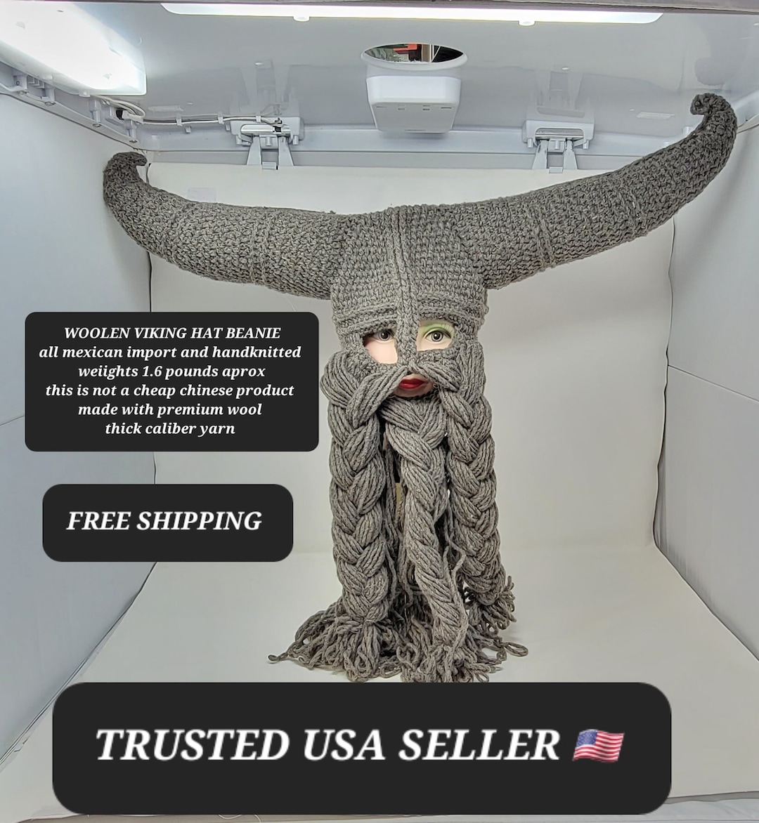 Woolen Winter GRAY Viking Horn Hat With Beard 100% Wool Handknitted ...