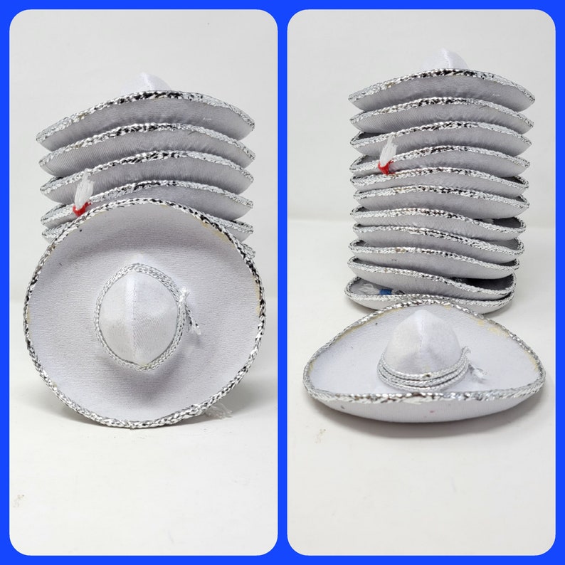 12 White Mini Sombreros: Mexican Fiesta Hats, Silky Velvet, Metallic ...