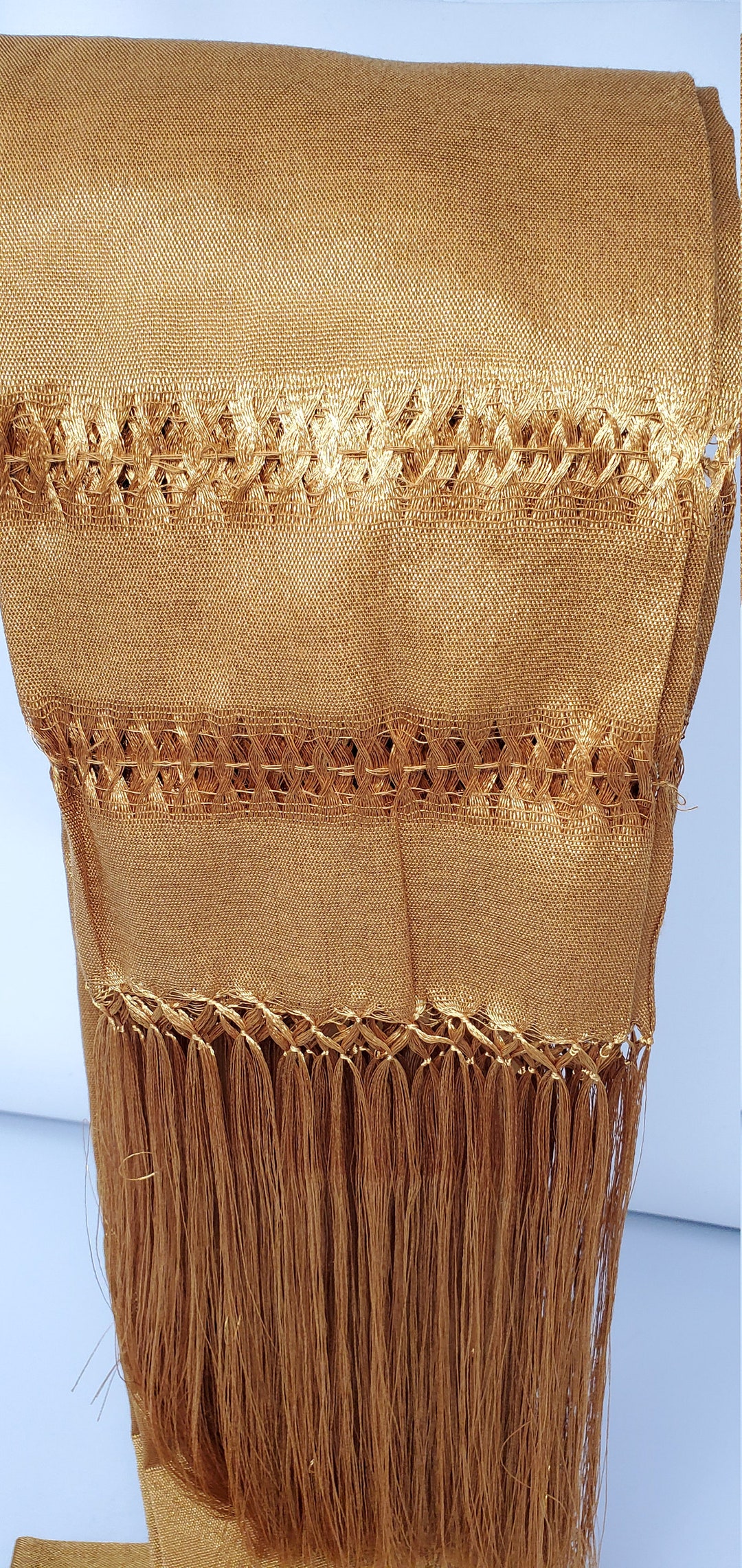Antique Gold Mexican Rebozo Shawl: Silk Artisela Fringe (94" X 24.5 ...