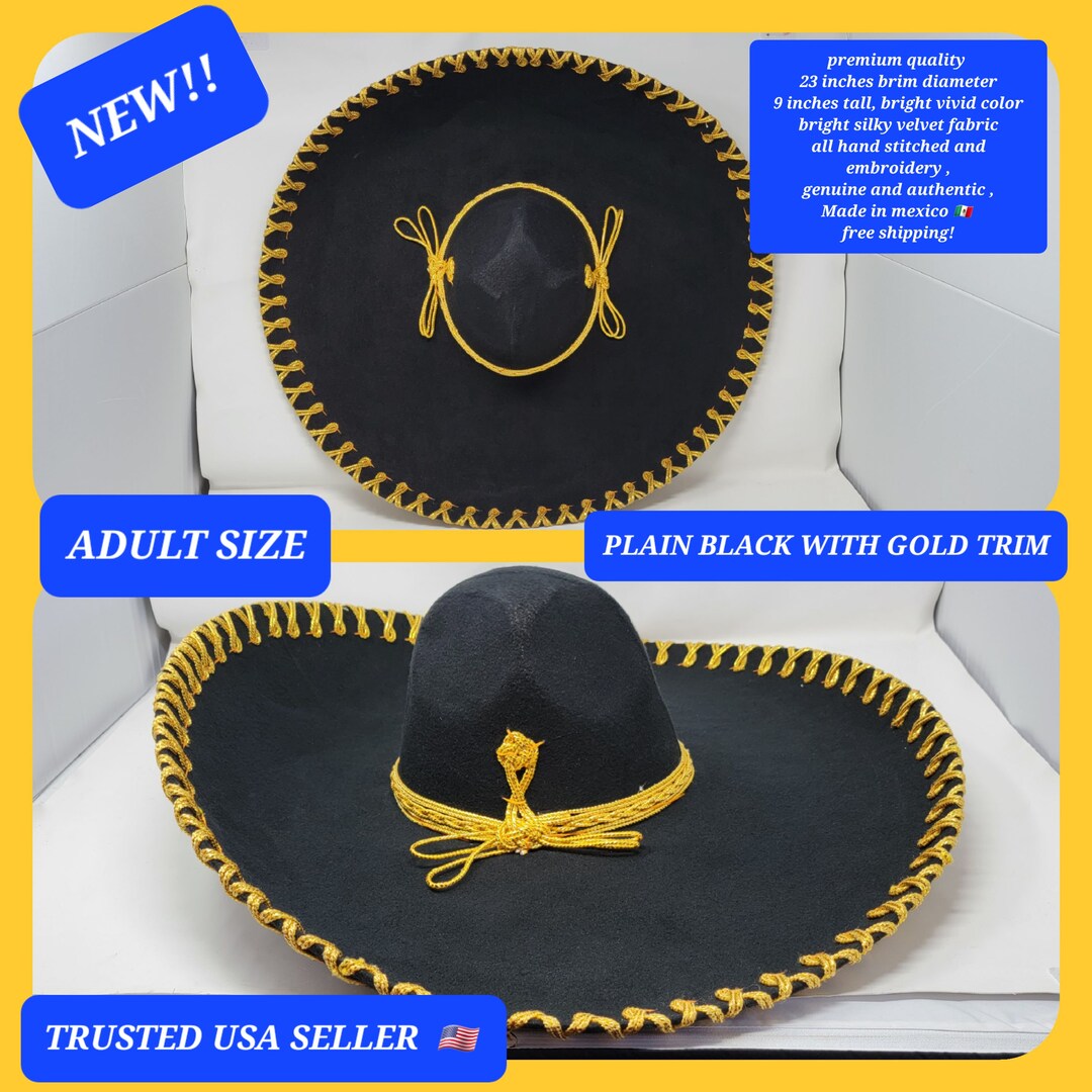 Plain Black With Gold Jaripeo Adults Sombrero Charro Mariachi Hat for ...