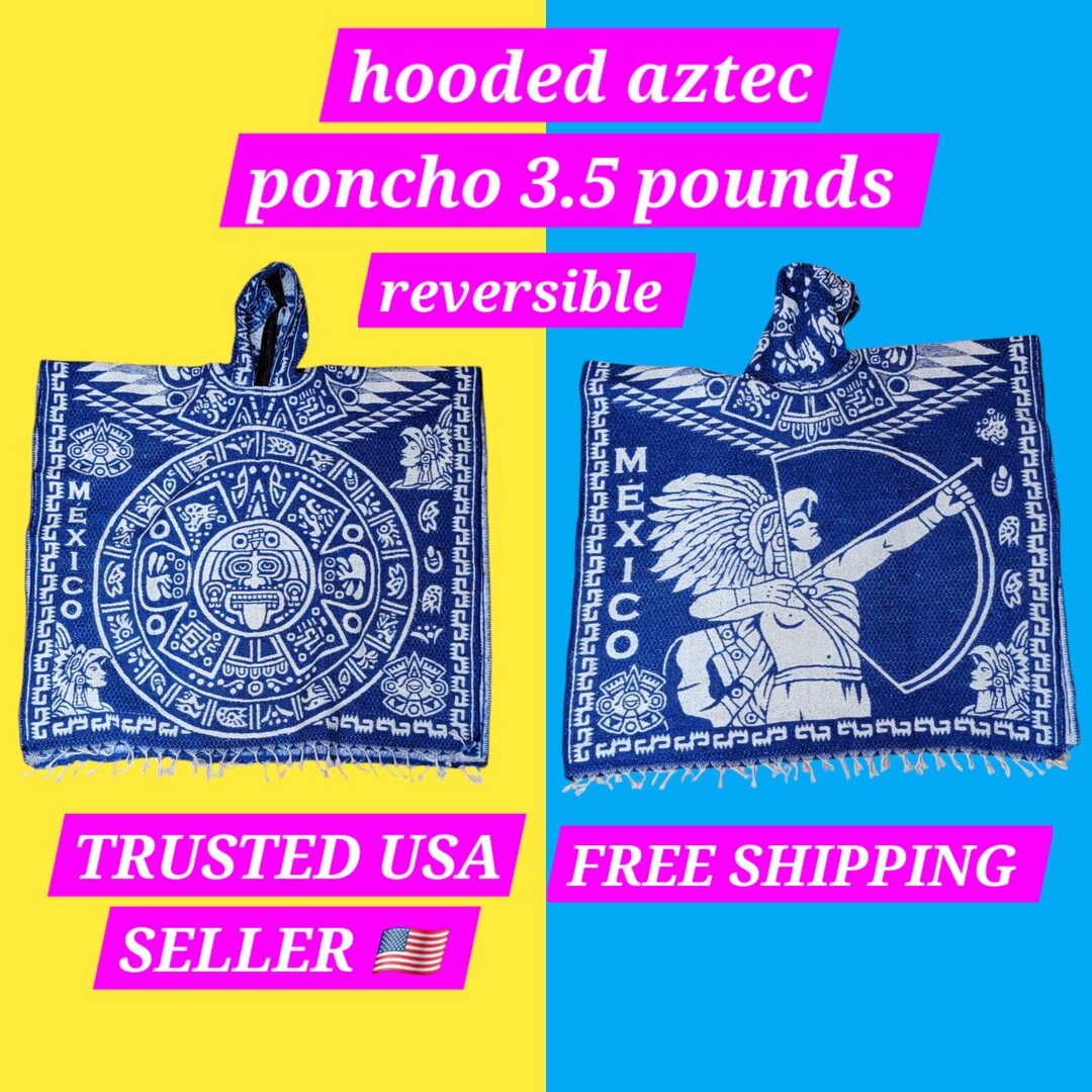 Hooded Aztec Calendar Mexican Poncho Traditional Poncho Gavan Jorongo 5 ...
