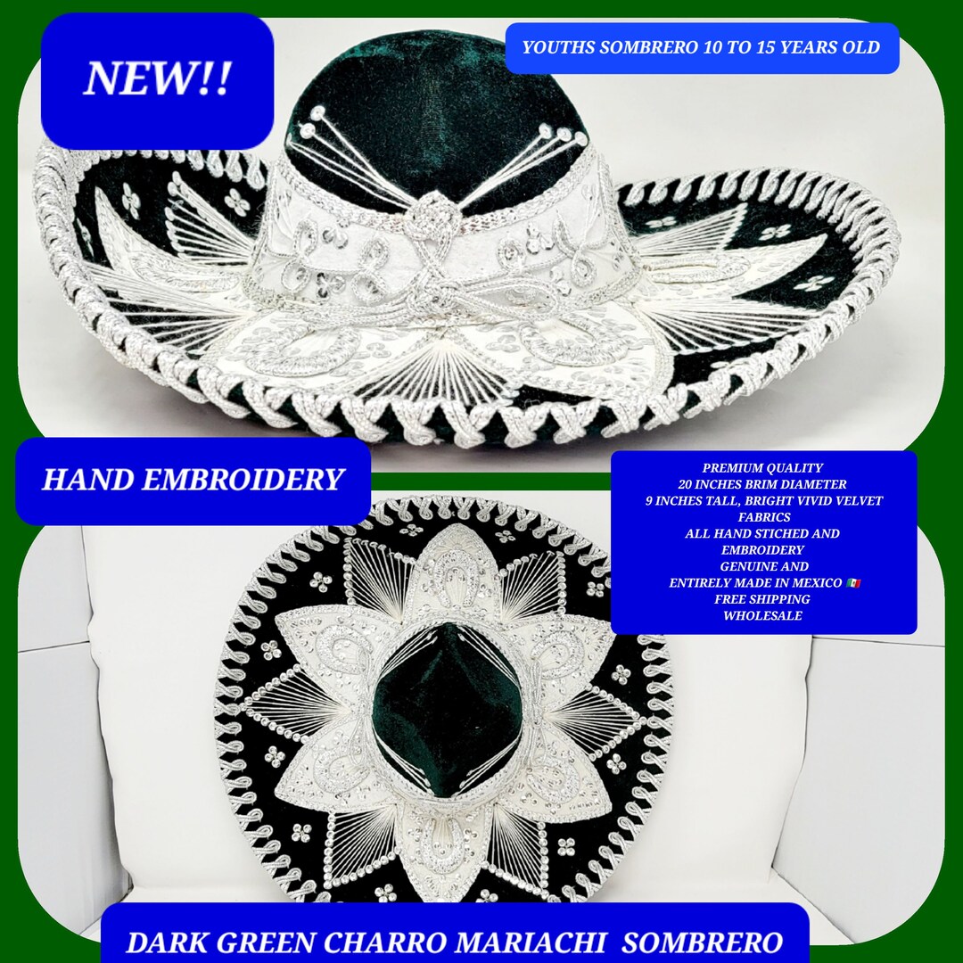 Dark Green With Silver Youths Sombrero Charro Mariachi Hat for Fiestas ...