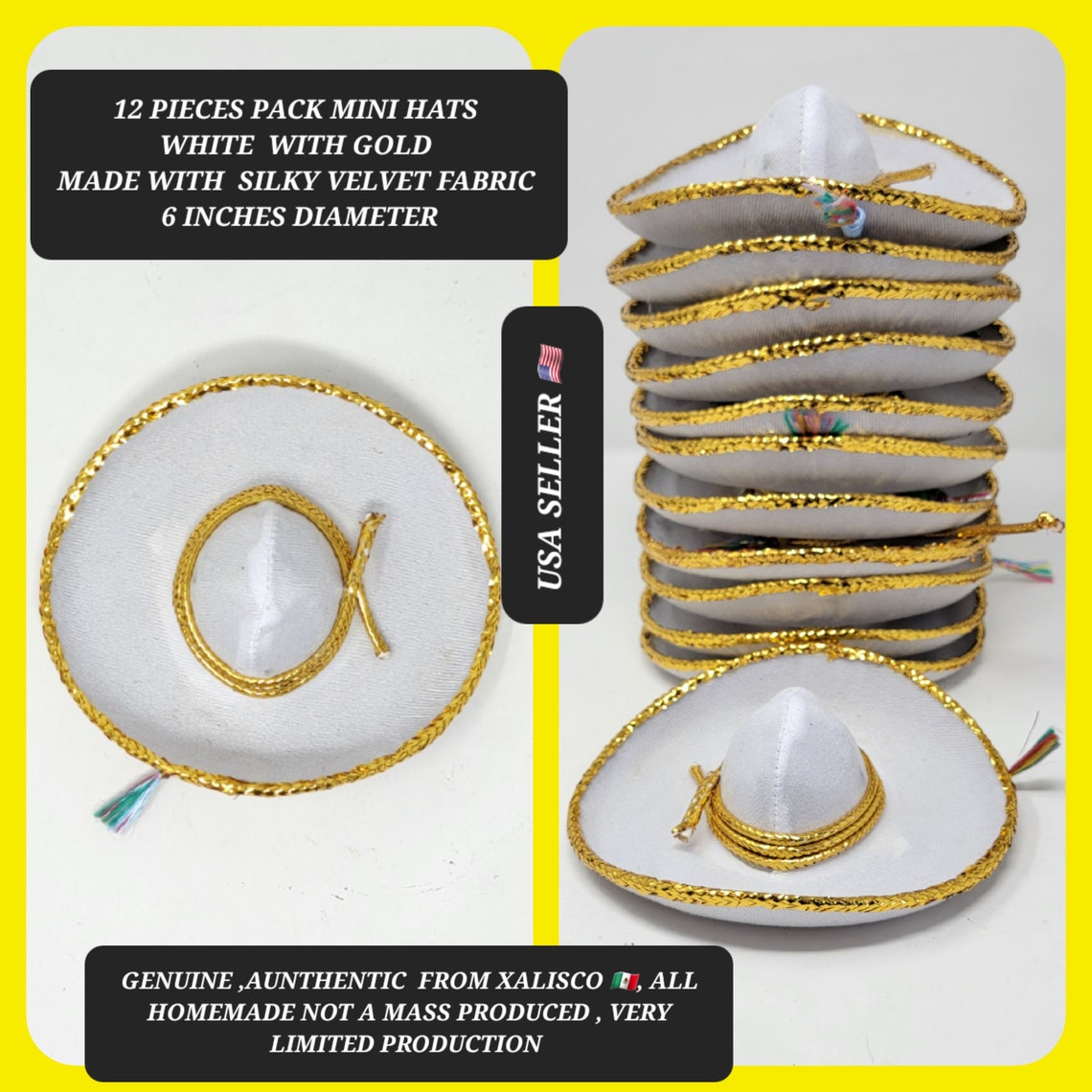 12 White Mini Sombreros: Mexican Fiesta Hats, Silky Velvet, Metallic ...