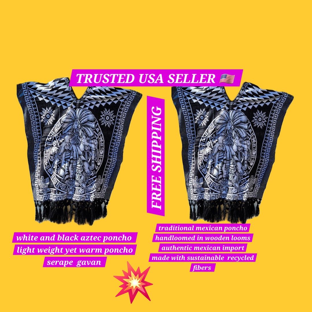 Mexican Aztec Poncho Gavan Jorongo Authentic Black With White - Etsy