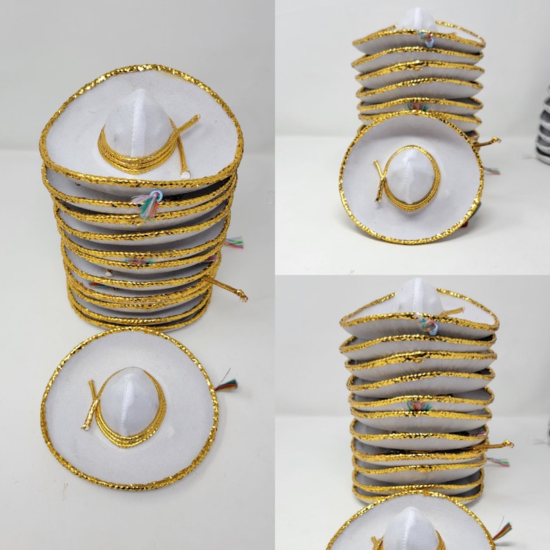12 White Mini Sombreros: Mexican Fiesta Hats, Silky Velvet, Metallic ...