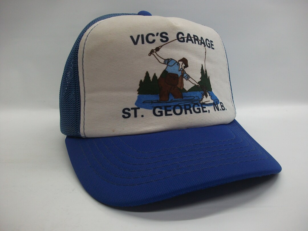 Vic's Garage St George NB Fishing Hat Vintage Blue White Snapback ...