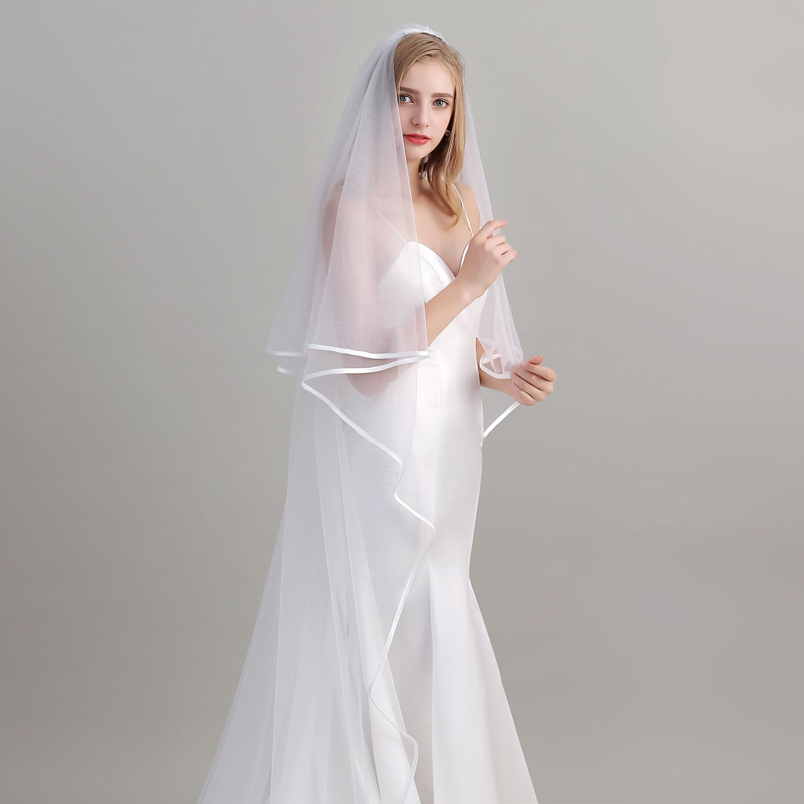 Two-tier Satin Trim Cathedral Veil With Comb Ivory / off - Etsy