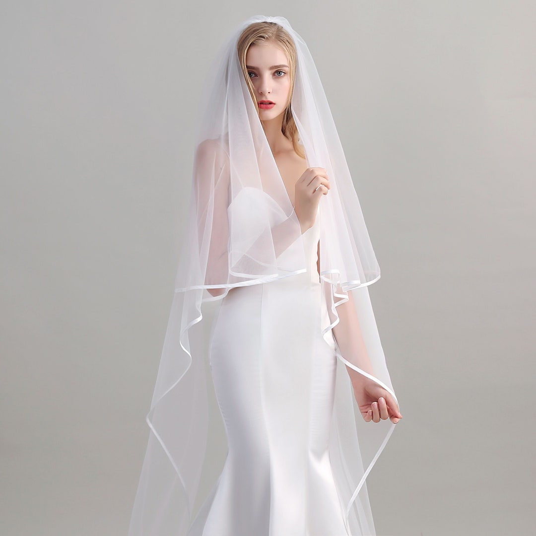 Two-tier Satin Trim Cathedral Veil With Comb, Ivory / off White Double ...