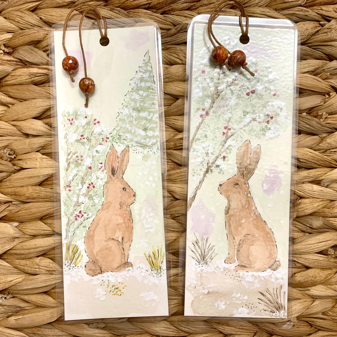 Original Watercolor Rabbits in the Winter Bookmarks Set of Two - Etsy