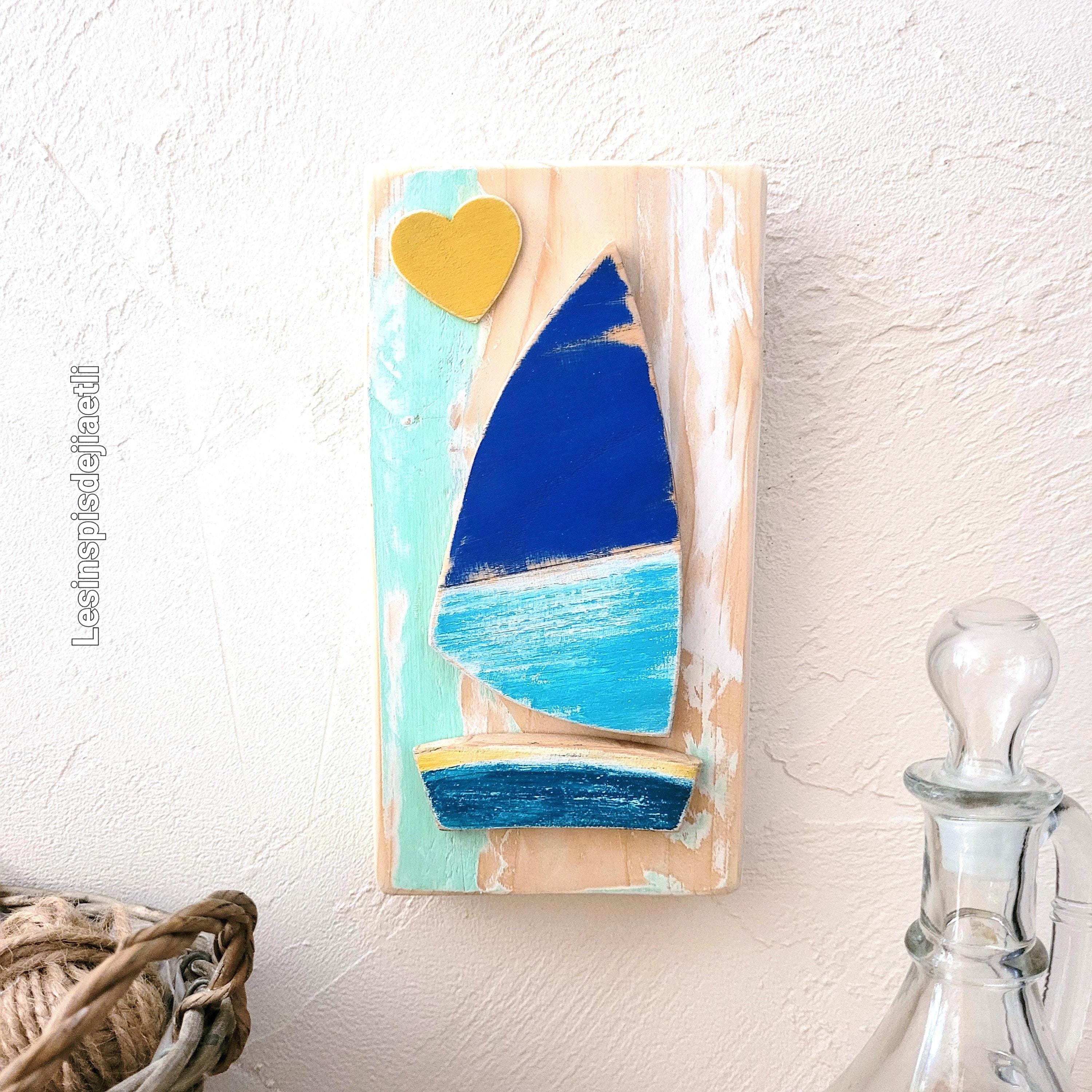 Small Wooden Boat Marine Painting, Blue and White Nautical Wall ...
