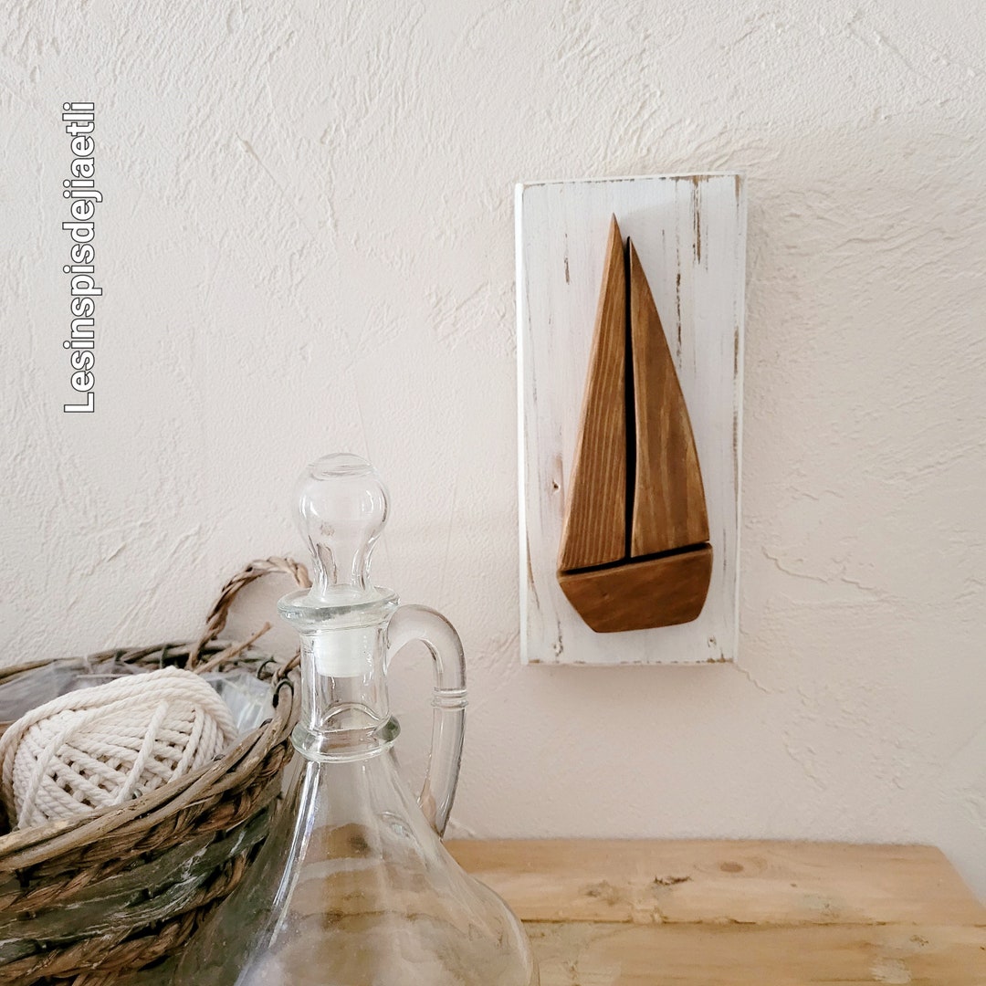 Small Wood Wall Art Sailboat Painting, White and Rust Tint. Seaside ...