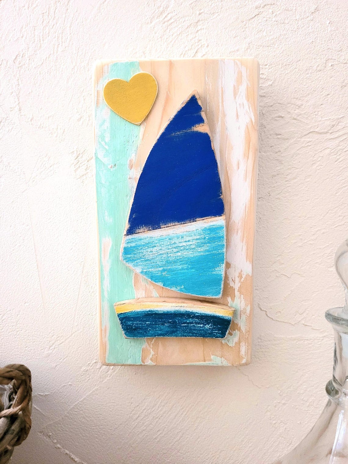 Small Wooden Boat Marine Painting, Blue and White Nautical Wall ...