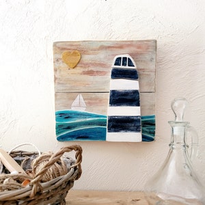 Marine Lighthouse Wall Decor in Blue and White Painted Wood. Lighthouse ...