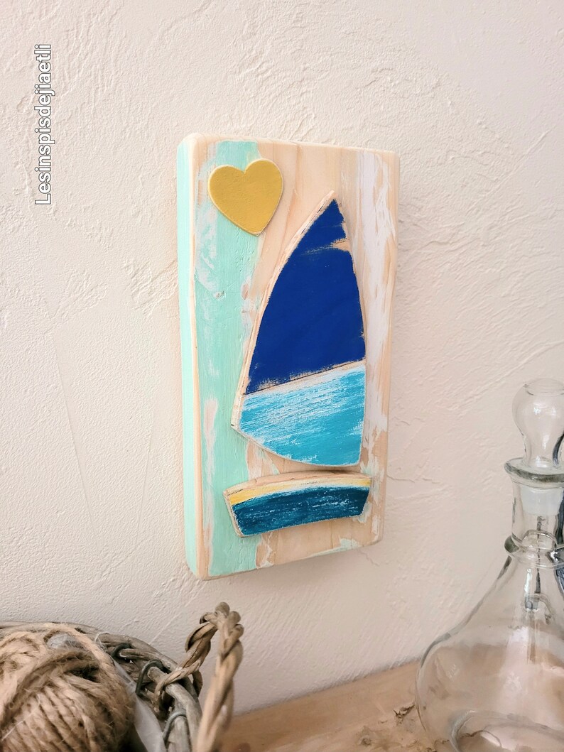 Small Wooden Boat Marine Painting, Blue and White Nautical Wall ...