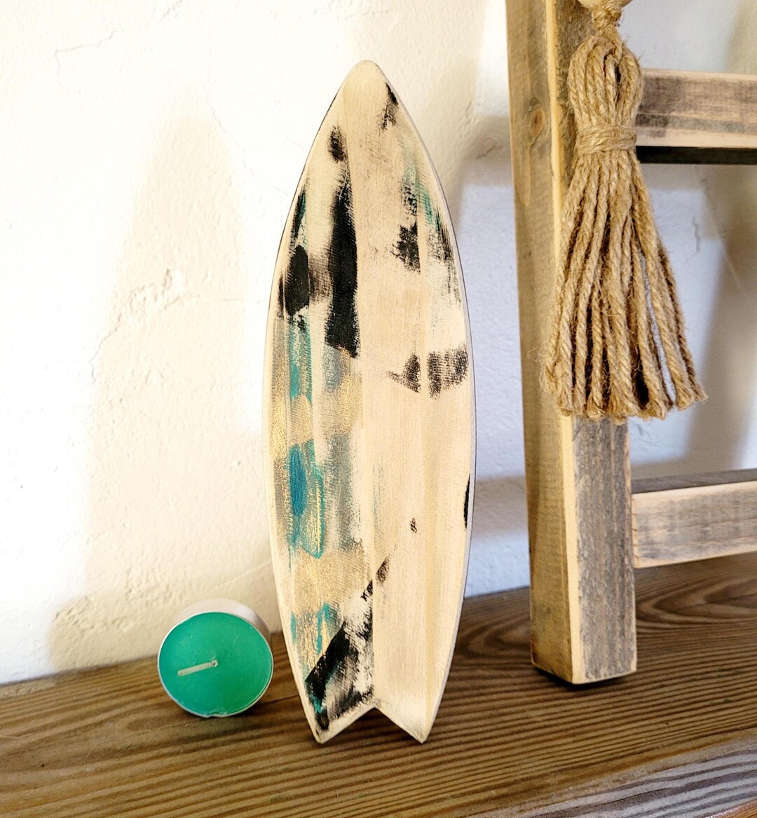 Small Recycled Wooden Surfboard, Black, Turquoise Blue and Gold. Aged ...