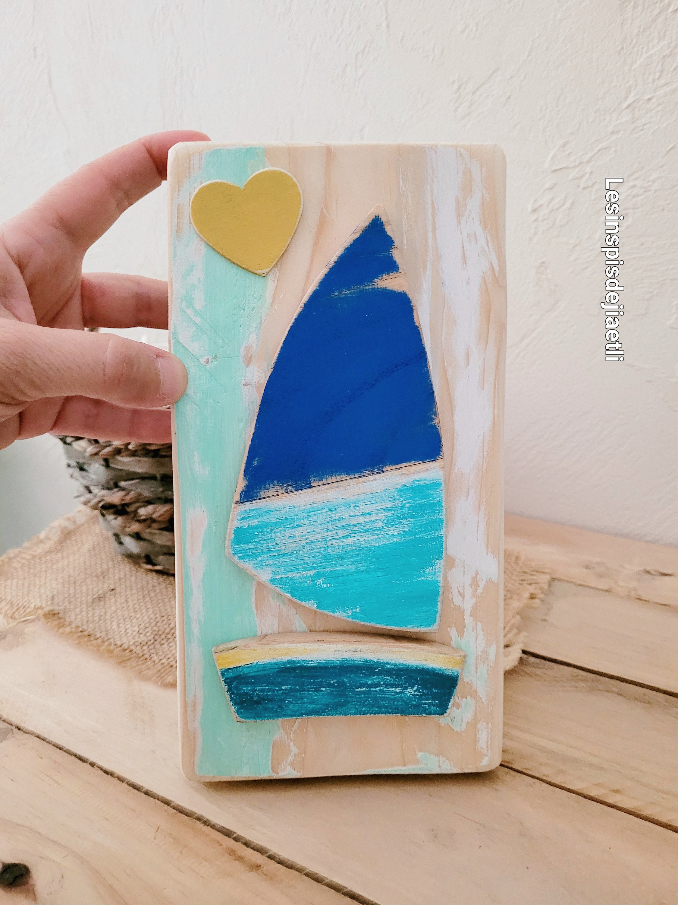 Small Wooden Boat Marine Painting, Blue and White Nautical Wall ...