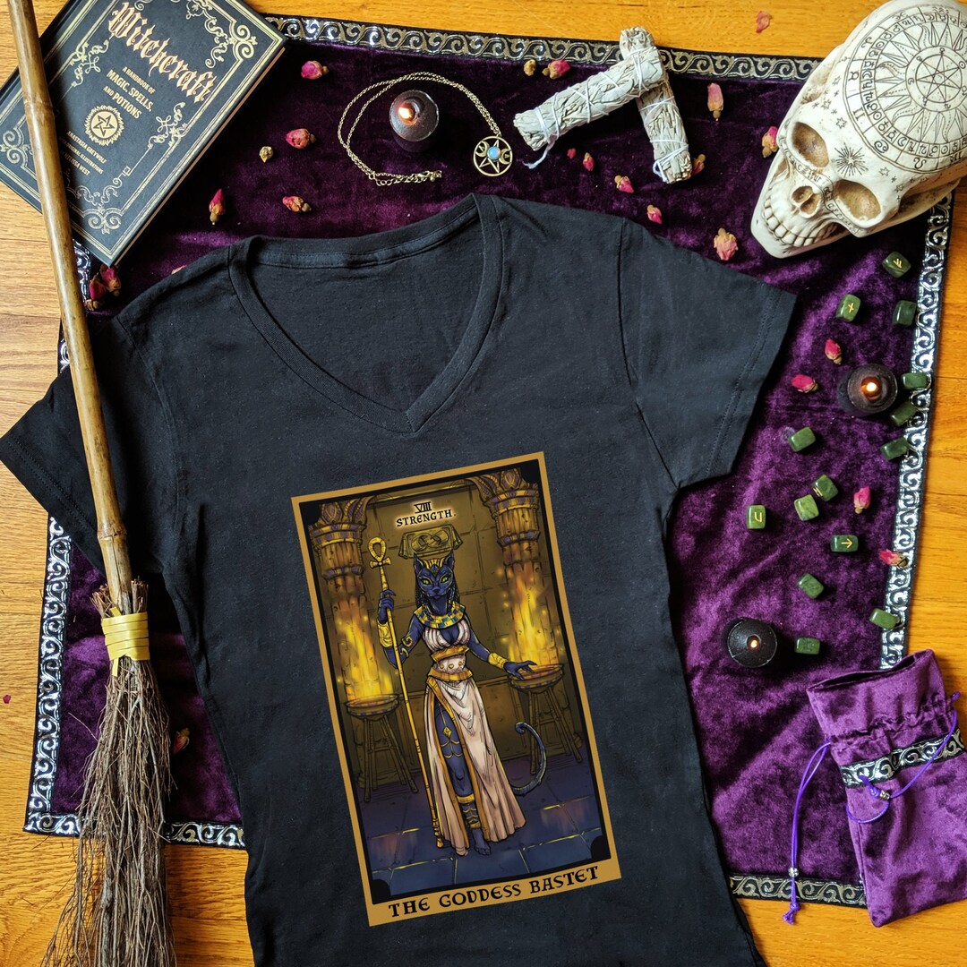 The Goddess Bastet Strength Tarot Card Shirt Women V Neck Witch ...