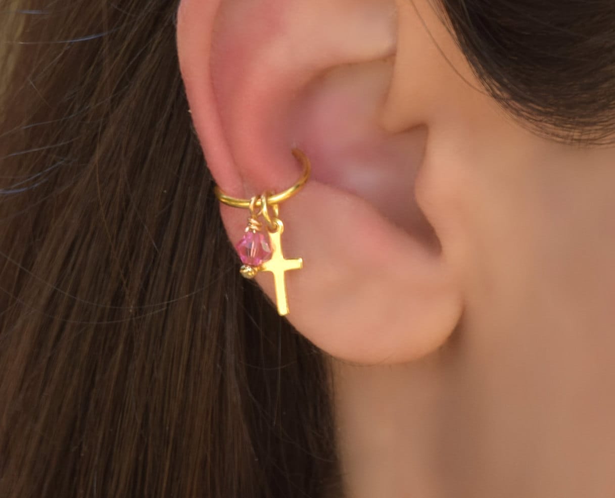 Conch Piercing Hoop Gold, Conch Piercing Gold Cross, Conch Hoop Earring ...